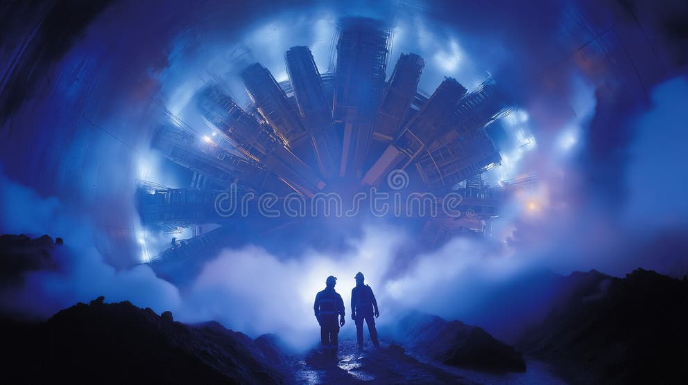 Engineers with Flashlights Inspect Walls of Large Underground Tunnel ...