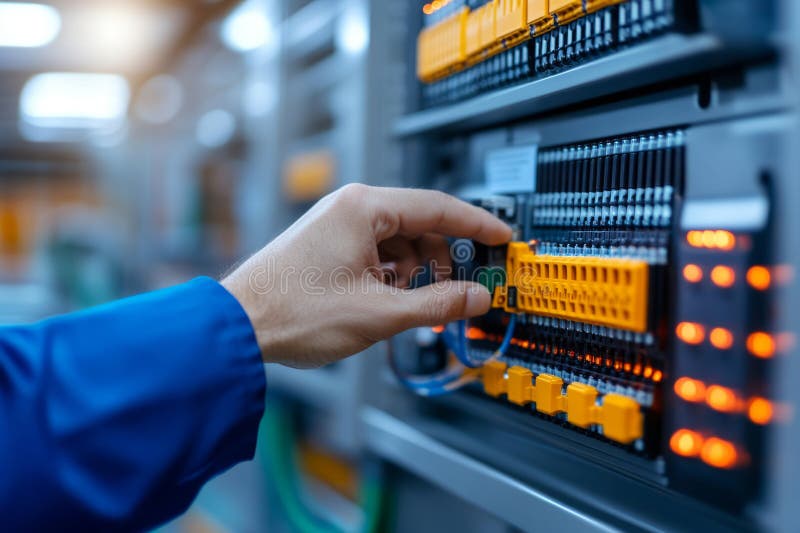 Engineers Hand Adjusting a Component on an Industrial Control Panel ...