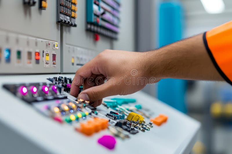 Engineers Hand Adjusting a Component on an Industrial Control Panel ...