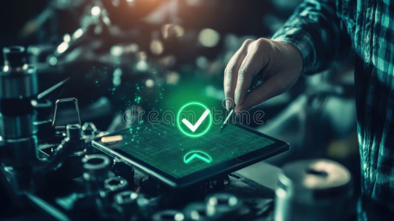 An Engineers Hand Gestures Over a Tablet with a Luminous Green ...