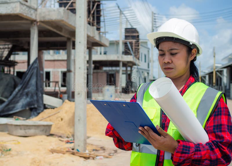 Engineers Holding Blueprint Project Working Outdoors Building Side with ...