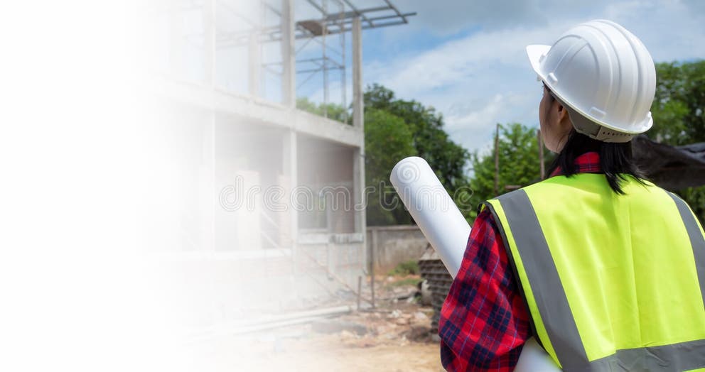 Engineers Holding Blueprint Project Working Outdoors Building Side with ...