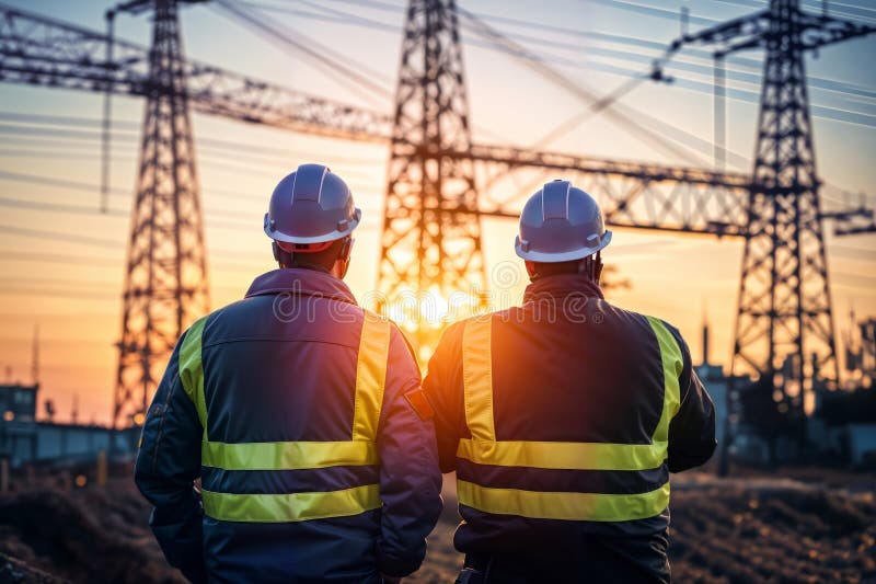 Back View of Two Engineers Standing on Construction Site and Looking at ...