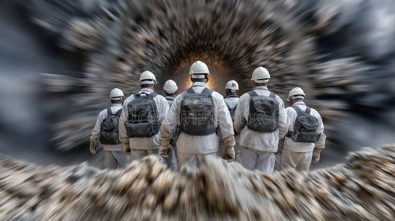 Engineers Inspect Tunnel Walls while Carrying Flashlights in Expansive ...