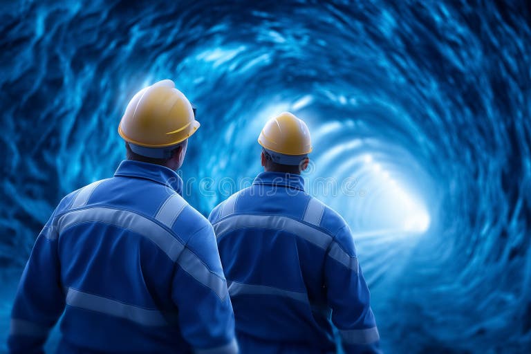 Engineers Inspect Walls of Large Underground Tunnel Using Flashlights ...