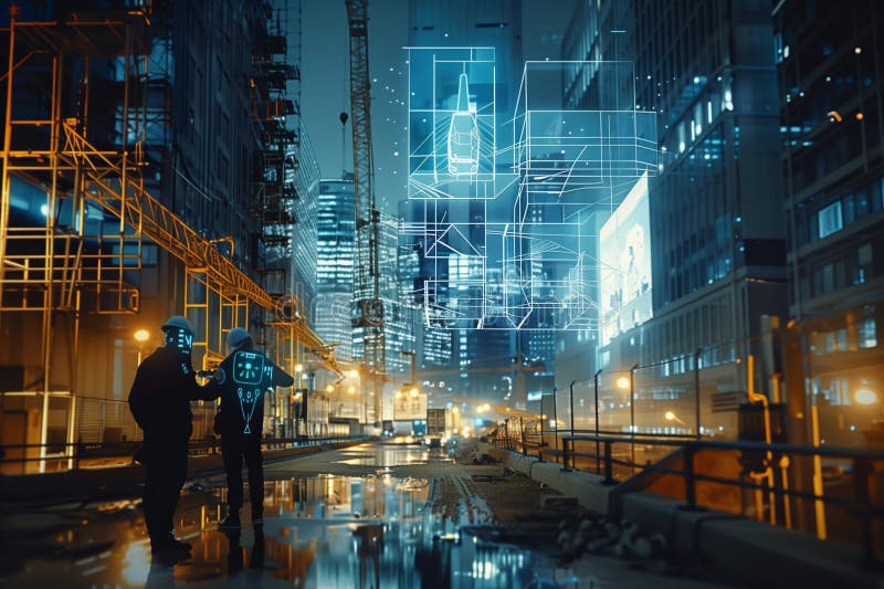 Engineers Inspecting on Blueprint Visualization Wireframe Urban ...