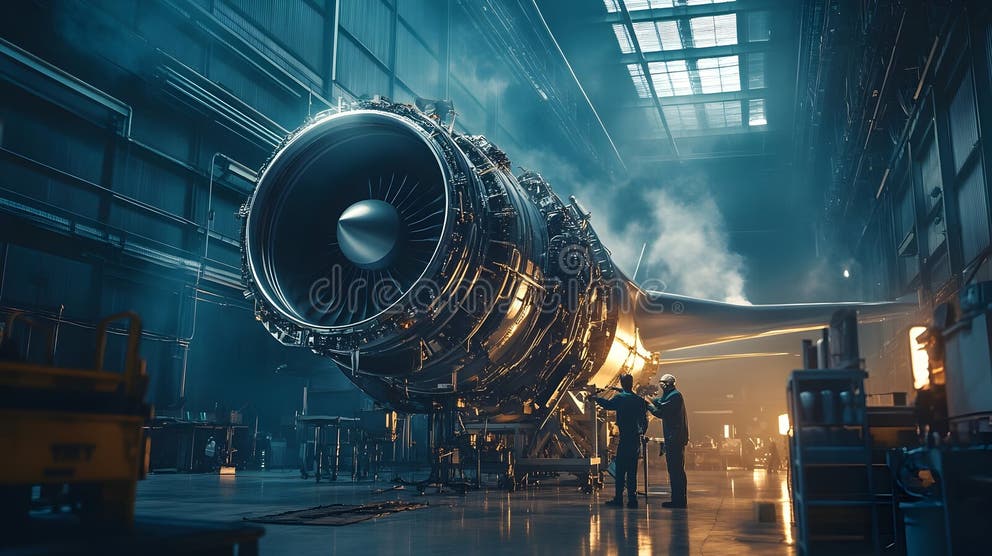 Engineers Inspecting Large Jet Engine in Industrial Facility Stock ...
