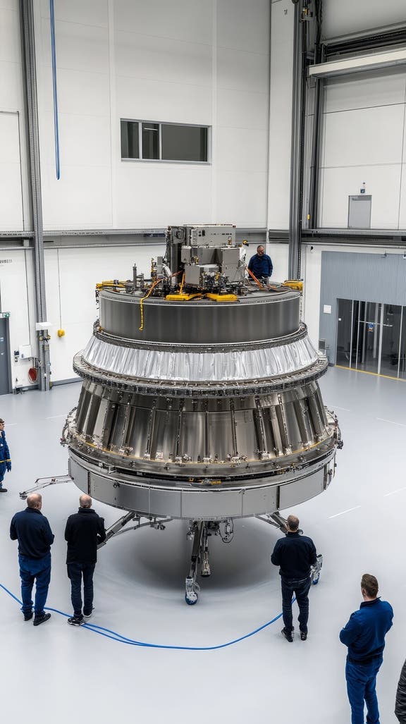 Engineers Inspecting a Large Spacecraft Component in a High Tech ...