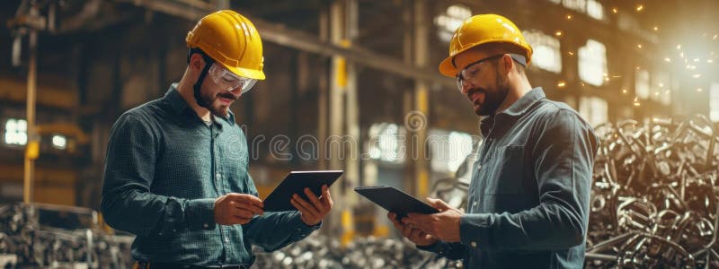 Engineers Inspecting Metal Components with Tablets for Quality Control ...