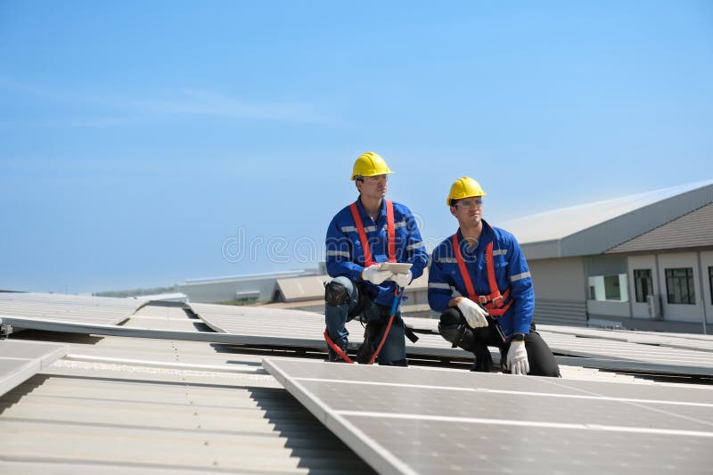 Engineers Install Solae Cell on the Roof of Factory Stock Image - Image ...