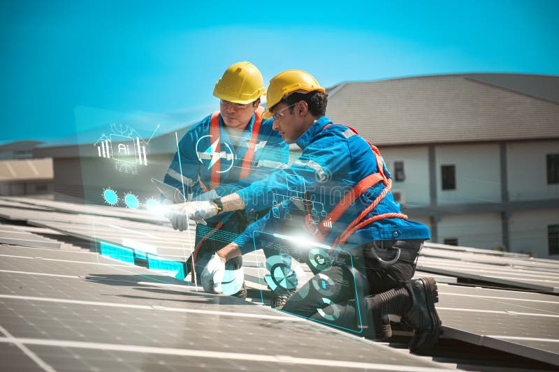 Engineers Install Solae Cell on the Roof of Factory Stock Photo - Image ...