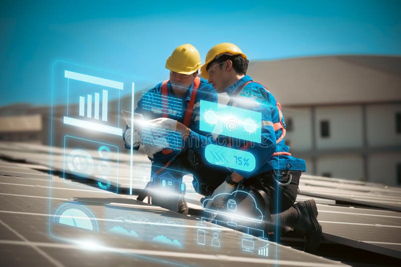 Engineers Install Solae Cell on the Roof of Factory Stock Photo - Image ...