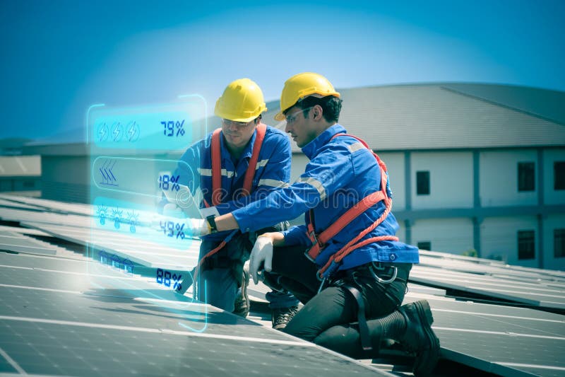 Engineers Install Solae Cell on the Roof of Factory Stock Photo - Image ...