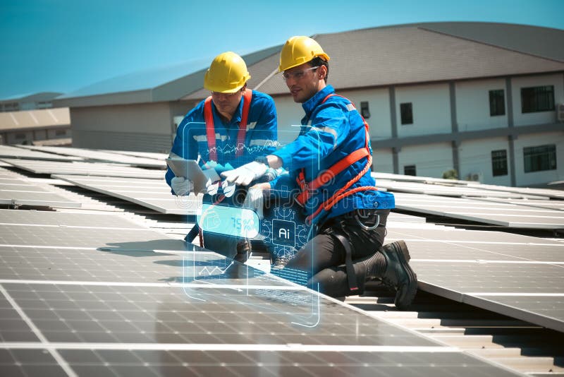 Engineers Install Solae Cell on the Roof of Factory Stock Image - Image ...