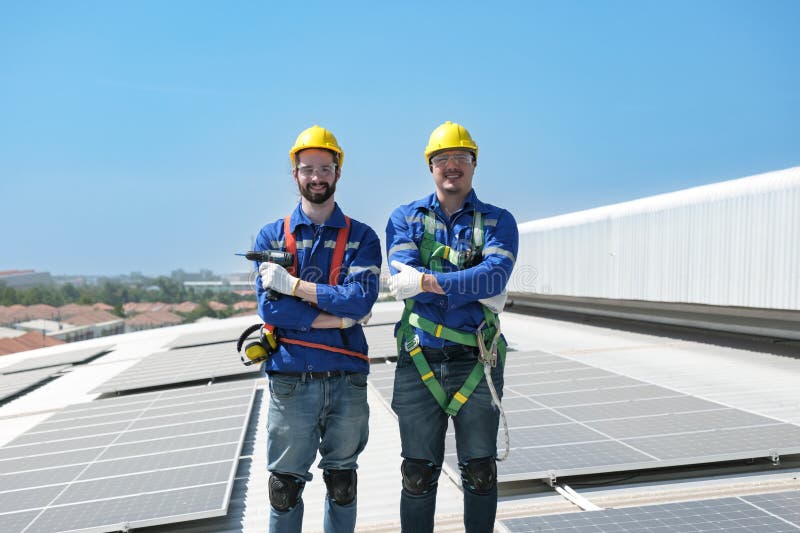 Engineers Install Solar Cells on the Roof of Factory Stock Image ...