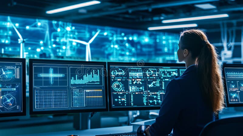 Engineers Monitor Advanced Technologies in a Futuristic Energy Control ...