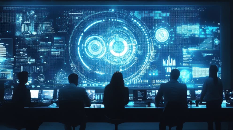 Engineers Monitoring Futuristic Manufacturing Process on Digital Screen ...