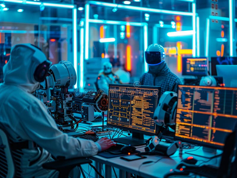 Engineers Monitoring Robotics in High-tech Lab Stock Illustration ...