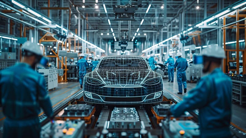 Engineers Overseeing Electric Car Assembly with Digital Overlay in High ...