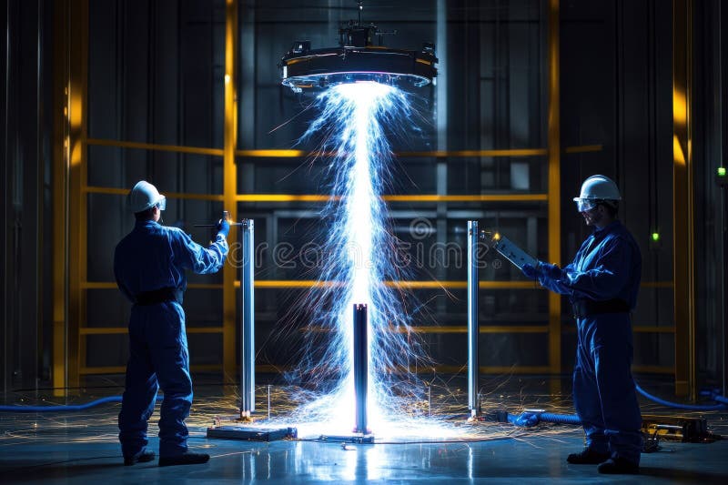 Engineers Performing High Voltage Electric Experiment in a Laboratory ...