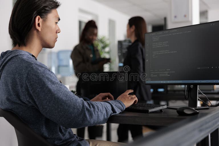 Engineers Programming Server Code Algorithm on Computer Stock Photo - Image of window, security ...