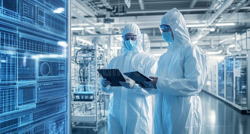 Engineers in Protective Suits Collaborate at the Entrance of a High ...