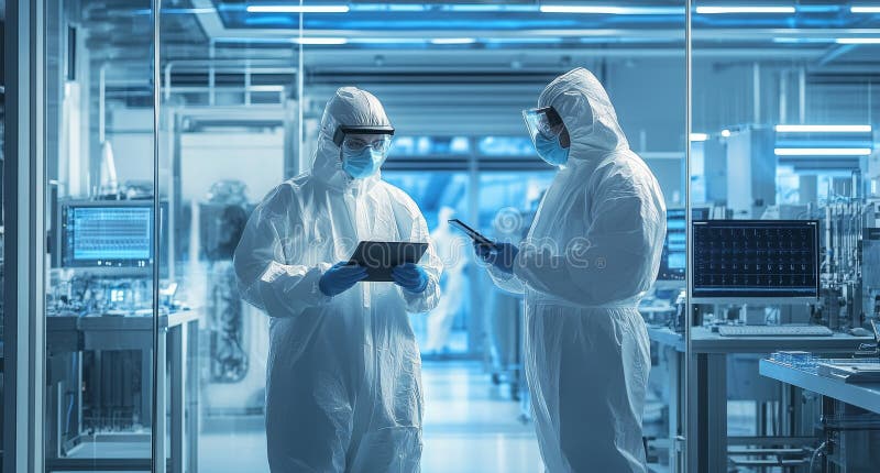 Engineers in Protective Suits Collaborate at the Entrance of a High ...