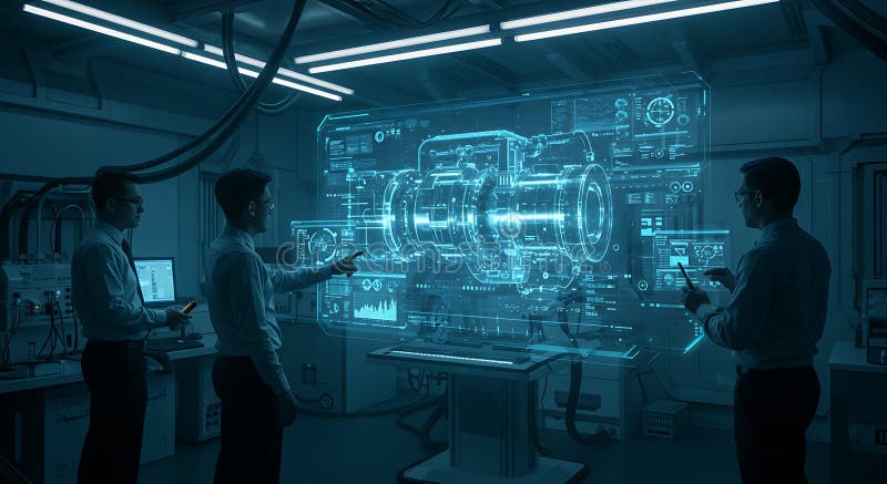 Engineers Reviewing Holographic Engine Design on Futuristic Interface ...