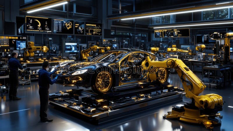 Engineers and Robotic Arms Work Together in an Advanced Automotive ...