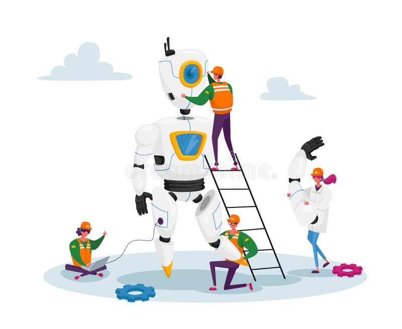 Engineers Scientists Making and Programming Robot Stock Vector ...