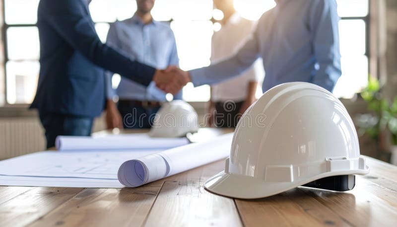 Engineers Shaking Hands at a Project Table with Blueprints and Helmets ...