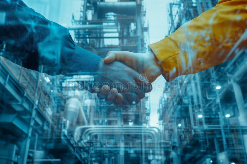 Engineers Shaking Hands with Refinery in Background Stock Photo - Image ...