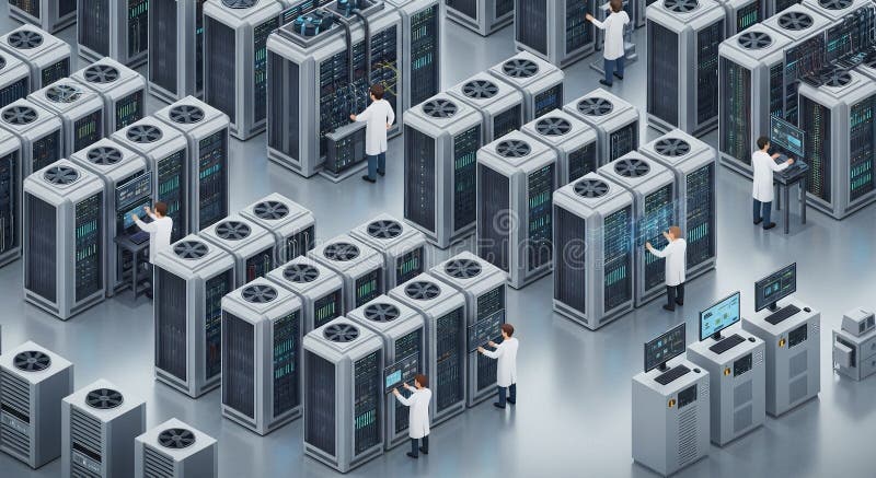 Engineers and it Specialists Working in a Modern Data Center Managing Servers and Network ...