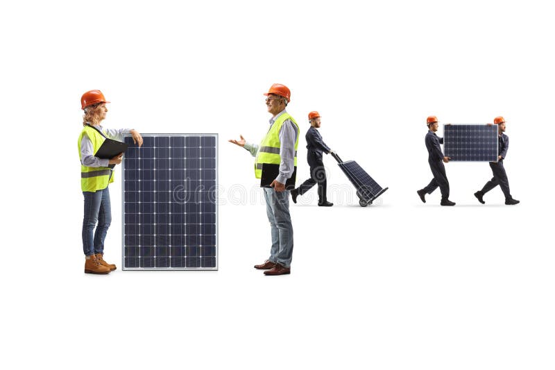 Engineers Talking about a Photovoltaic Panel and Workers Carrying ...