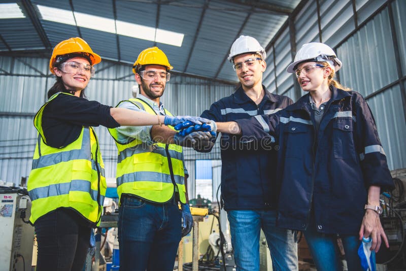 Engineers Team Mechanic Making Pile of Hands in Steel Factory Workshop ...