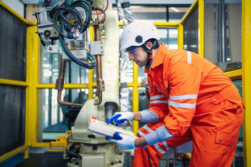 Engineers Team Mechanic Using Computer Controller Robotic Arm for ...