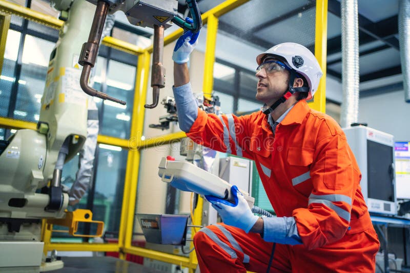Engineers Team Mechanic Using Computer Controller Robotic Arm for ...