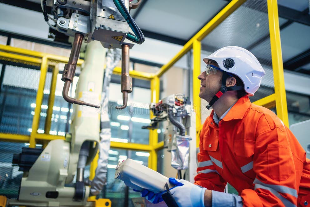 Engineers Team Mechanic Using Computer Controller Robotic Arm for ...