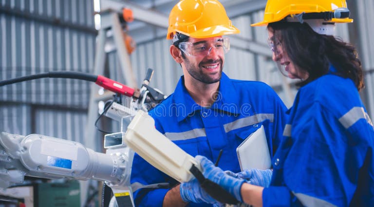 Engineers Team Mechanic Using Computer Controller Robotic Arm for ...