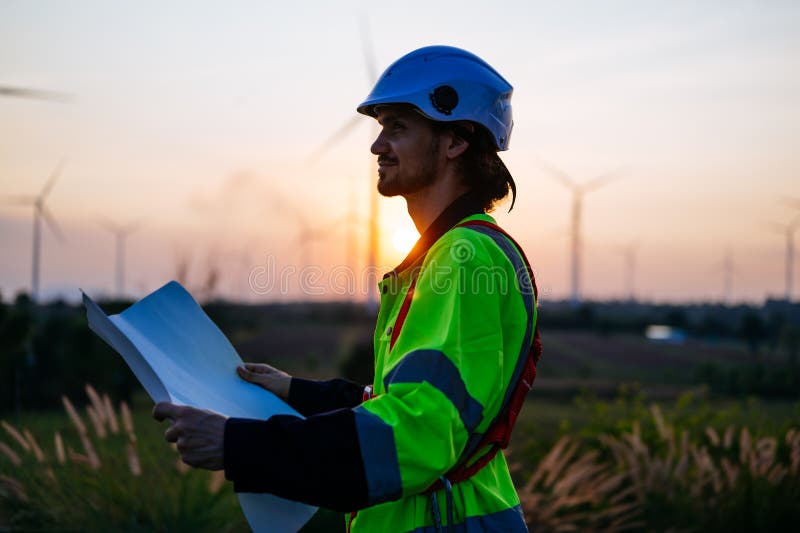 Engineers Technicians Working with Teamwork at Wind Turbine Field Stock ...
