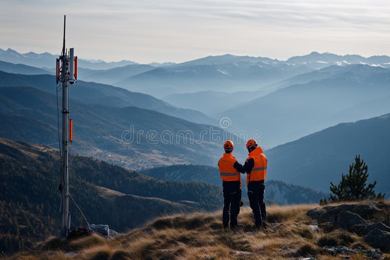 Engineers Testing 5G Network Coverage in a Mountainous Region. Two Men ...