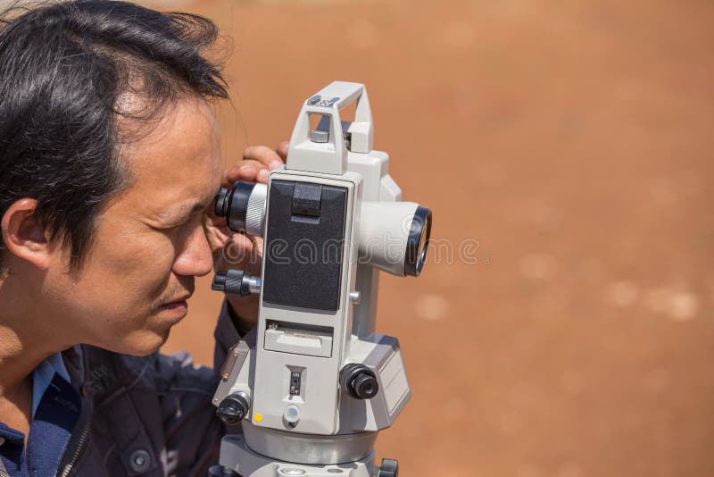 Engineers Use Tacheometer or Theodolite for Survey Line Columns Stock ...