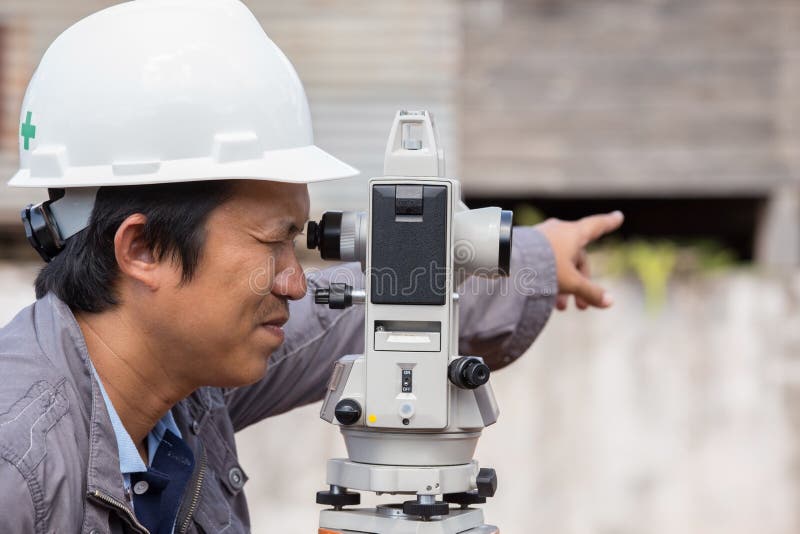 Engineers Use Tacheometer or Theodolite for Survey Line Columns Stock ...