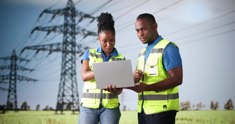 Engineers Using Computer Technology New Energy Tower Stock Photo ...