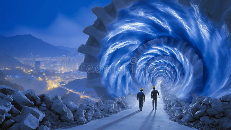 Engineers Walk through Expansive Underground Tunnel, Inspecting Walls ...