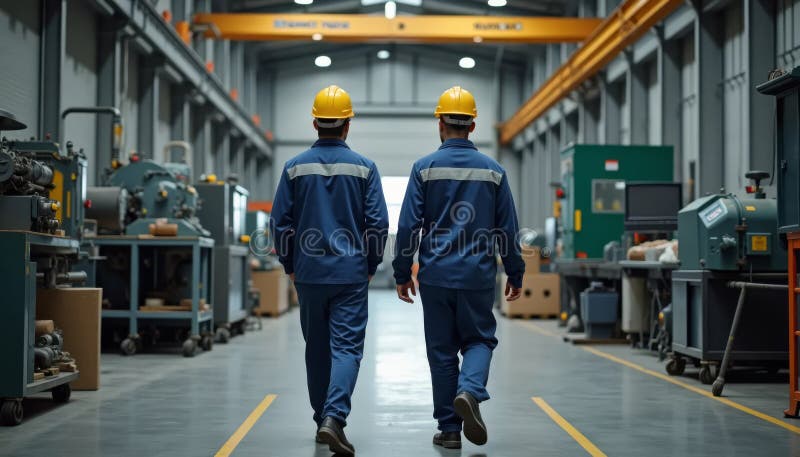 Engineers Walking through Industrial Workshop, Discussing Current ...