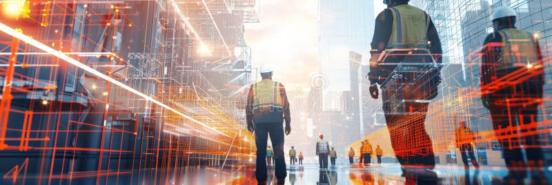 Engineers Walking through Modern Construction Site with Digital ...