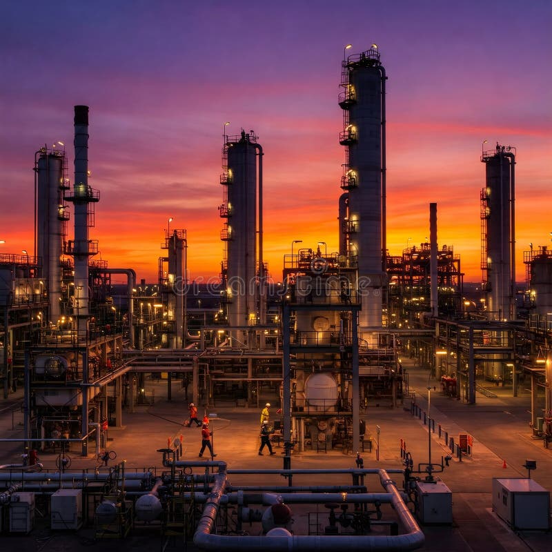 Engineers Walking in a Gas Refinery at Sunset Stock Illustration ...