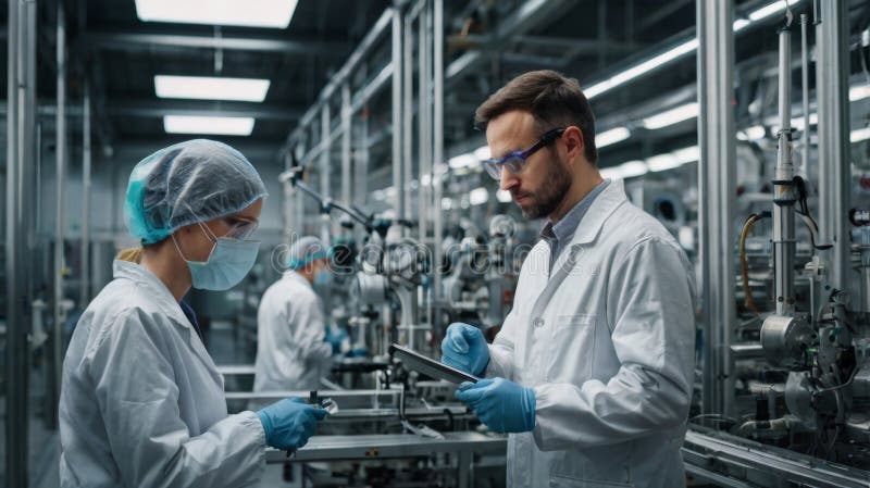 Engineers Wearing Lab Coats are Discussing Project in Modern Industrial ...