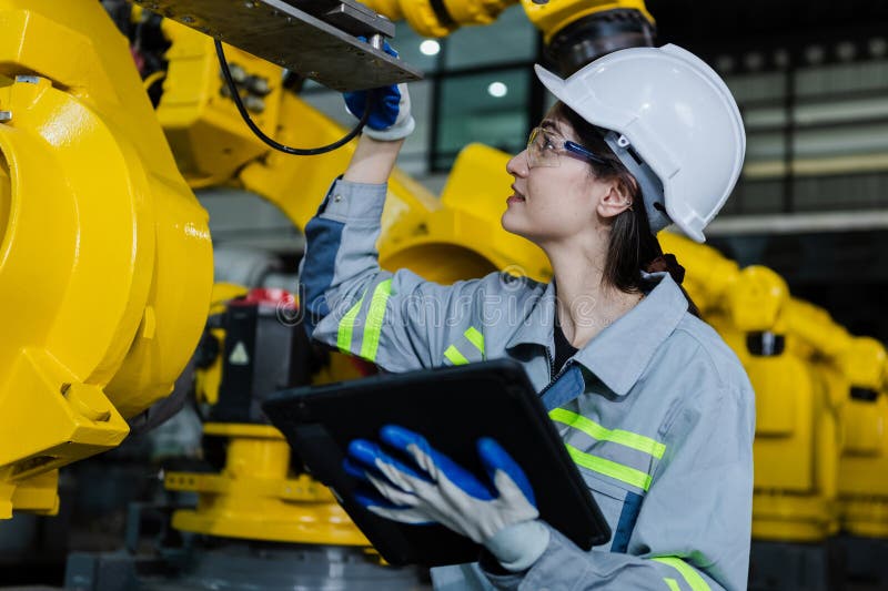 Engineers Woman Use Tablet To Check Condition Robotic Arm. Female ... Engineers Woman Use Tablet To Check Condition Robotic Arm. Female ...
